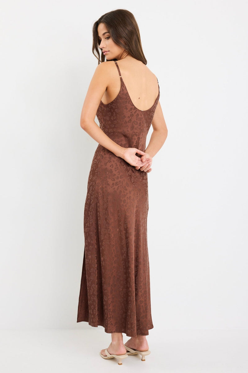 AMONG THE BRAVE Dallas Strappy Midi Dress Chocolate Leopard Satin ...