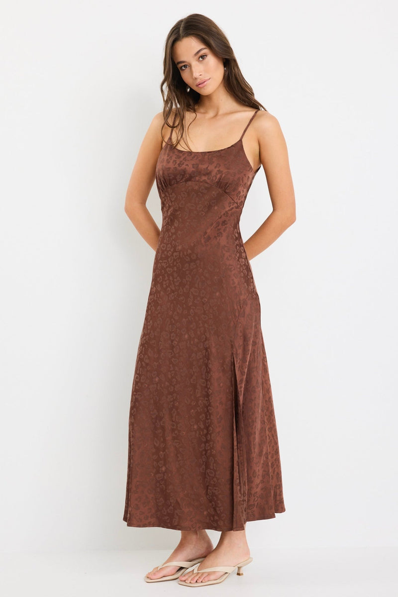 AMONG THE BRAVE Dallas Strappy Midi Dress Chocolate Leopard Satin ...