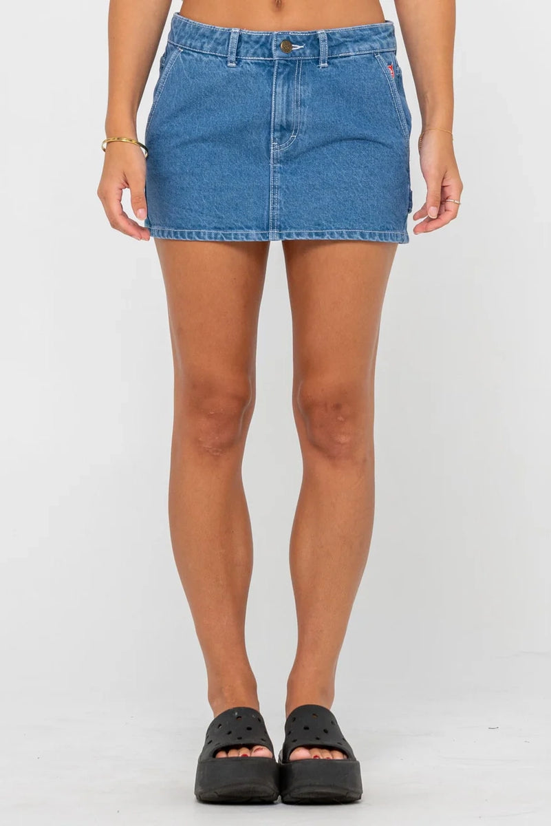 RUSTY Billie Low Rise Denim Mini Skirt Middy Blue – Corner Store Wanaka