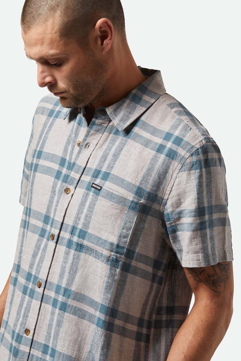 Buy men's BRIXTON Charter Linen Blend Ss Shirt Beige Azure Blue Plaid ...